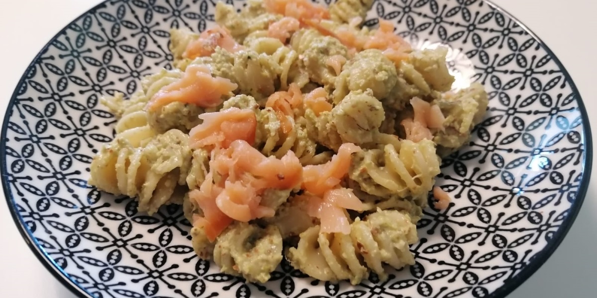 Fusilli with Snow Pea Pesto and Smoked Salmon